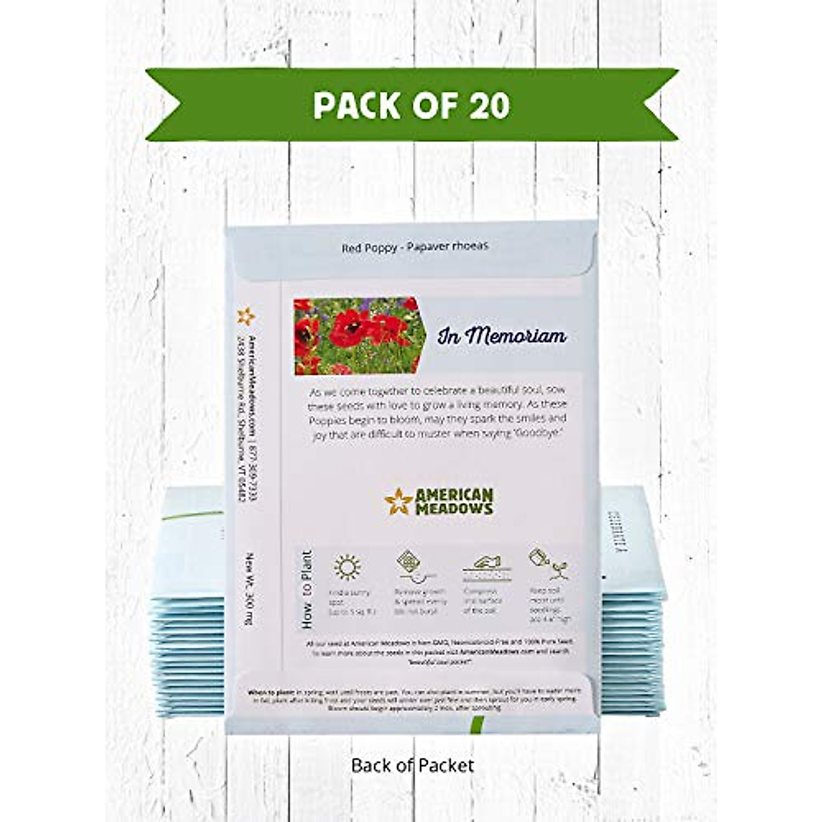 American Meadows Wildflower Seed Packets "Celebrate a Beautiful Soul" Memorial Favors (Pack of 20) - Red Poppy Seed Mix, Favors for Funerals, Wakes, Viewings, Visitations, Memorial Services