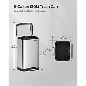 SONGMICS Trash Can, 8 Gallon (30L) Trash Bin with Lid and Inner Bucket, Stainless Steel Garbage Can, Soft Close, Silver ULTB01L