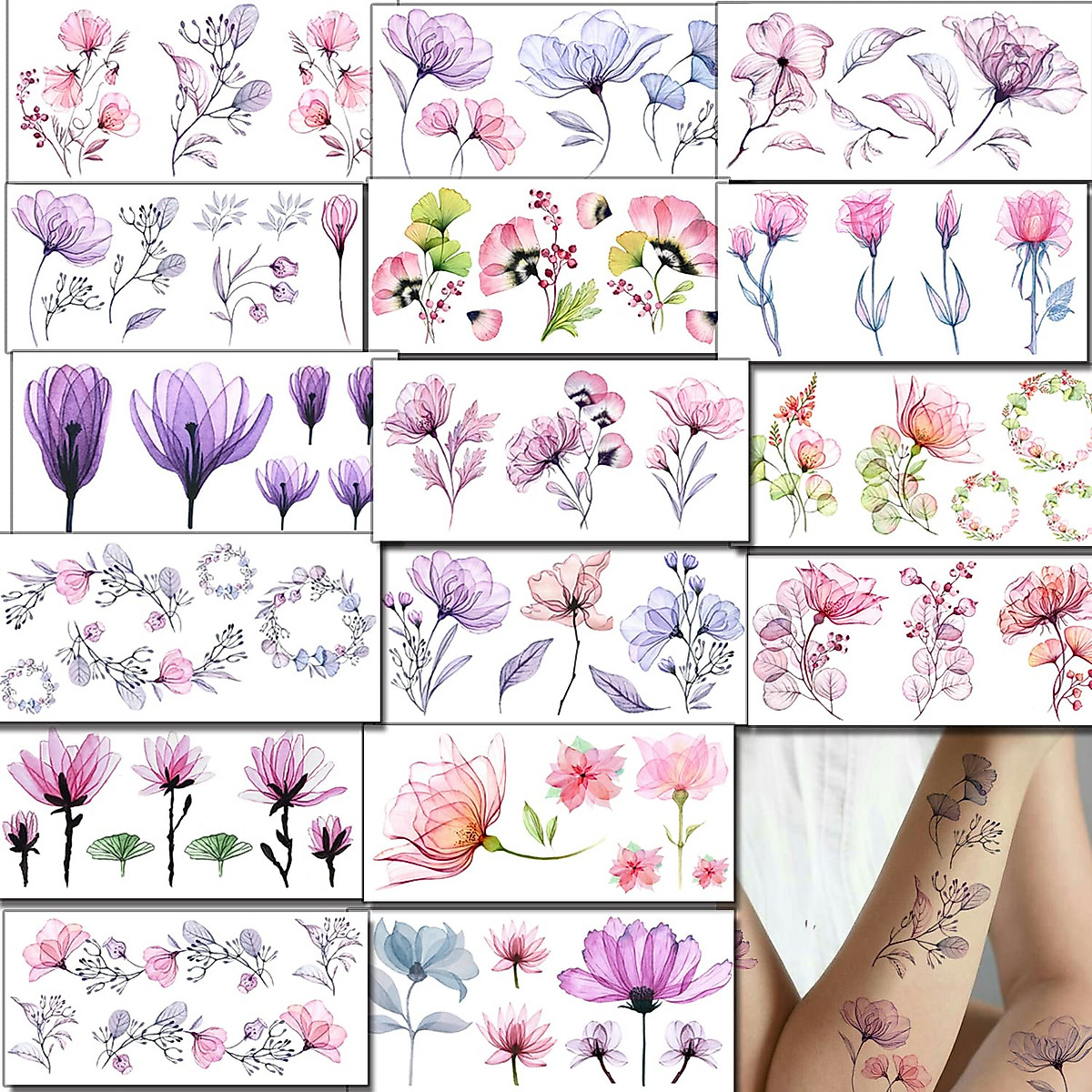 Tazimi 16 Sheets X-Ray Flower Temporary Tattoos for Women, Xray Watercolor Rose Lily Flower Tattoos Arm Fake Flower Tattoo Stickers Body Art Waterproof Tattoo Stickers