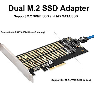 Dual M.2 PCIE Adapter, NGFF SSD to PCIE SATA Dual-Disk Adapter Expansion Card Supports MKey BKey Wiring PCIE 3.0X 4 Full Speed, Desktop PC Installation
