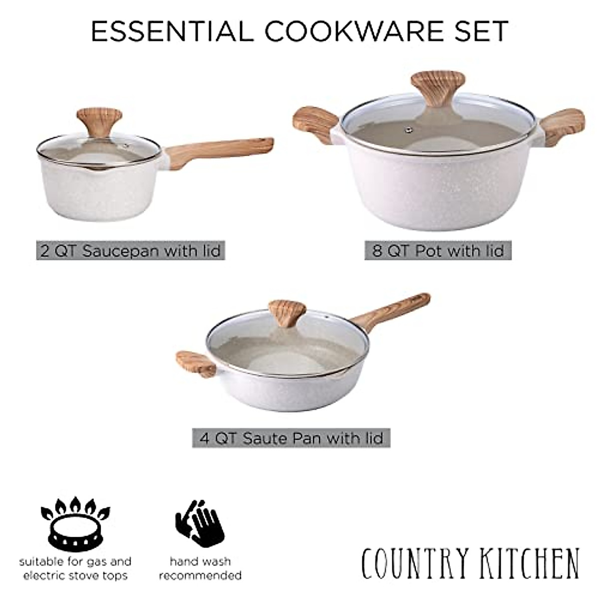 Country Kitchen Nonstick Cookware Sets - 6 Piece Nonstick Cast Aluminum Pots and Pans with BAKELITE Handles - Non-Toxic Pots with Glass Lids - Speckled Cream with Light Wood Handles