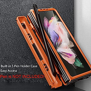 FONREST Rugged Case Armor for Samsung-Galaxy-Z-Fold-3 w/Built-in [Kickstand] [S Pen Holder] [Screen Protector] [Hinge Protection], Heavy Duty Shockproof Protective Cover NOT FIT Z Fold4/2 (Orange)