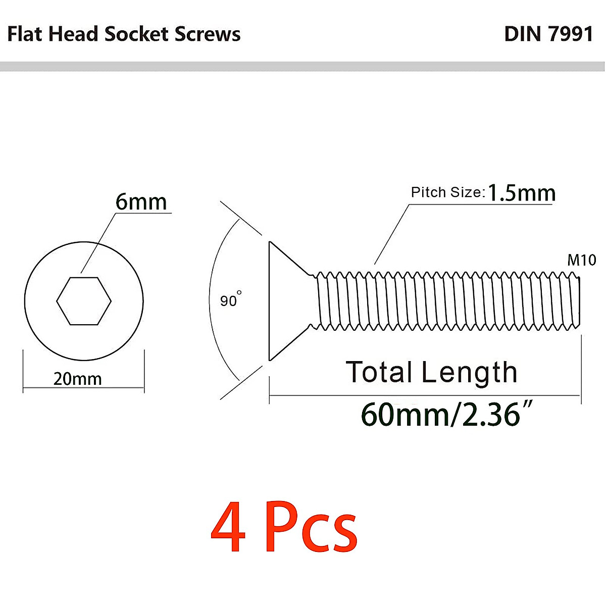 4 Pcs M10-1.50 x 60mm Flat Head Socket Cap Screws Bolts, Stainless Steel 18-8 (304), Bright Finish, Allen Socket Drive,Machine Screws Inner Hex Screw Fasteners Bolts