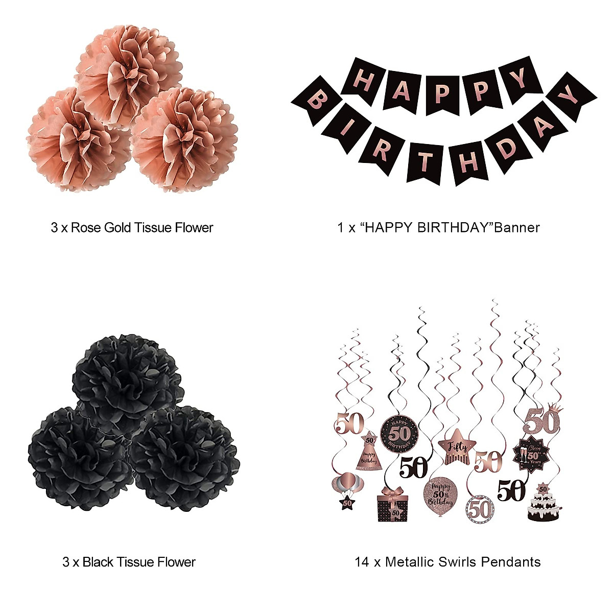 BRT Bearingshui Happy 50th Birthday Hanging Swirls Streamers Decoration Set, Happy Birthday Banner with Tissue Pompoms, Rose Gold and Black 50 Years Old Birthday Party Hanging Backdrop Decorations
