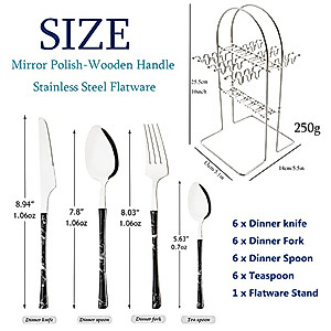 Snplowum 24-Piece Hanging Silverware Set With A Cutlery Rack, Mirror Stainless Steel Flatware With Imitation Marble Wooden Handle Service For 6, Black Silver