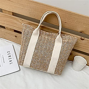 Mini Straw Tote Bag Natural Straw Woven Beach Bag Casual Shoulder Bags Handbag for Women Fashion Street Bags (Beige, One Size)