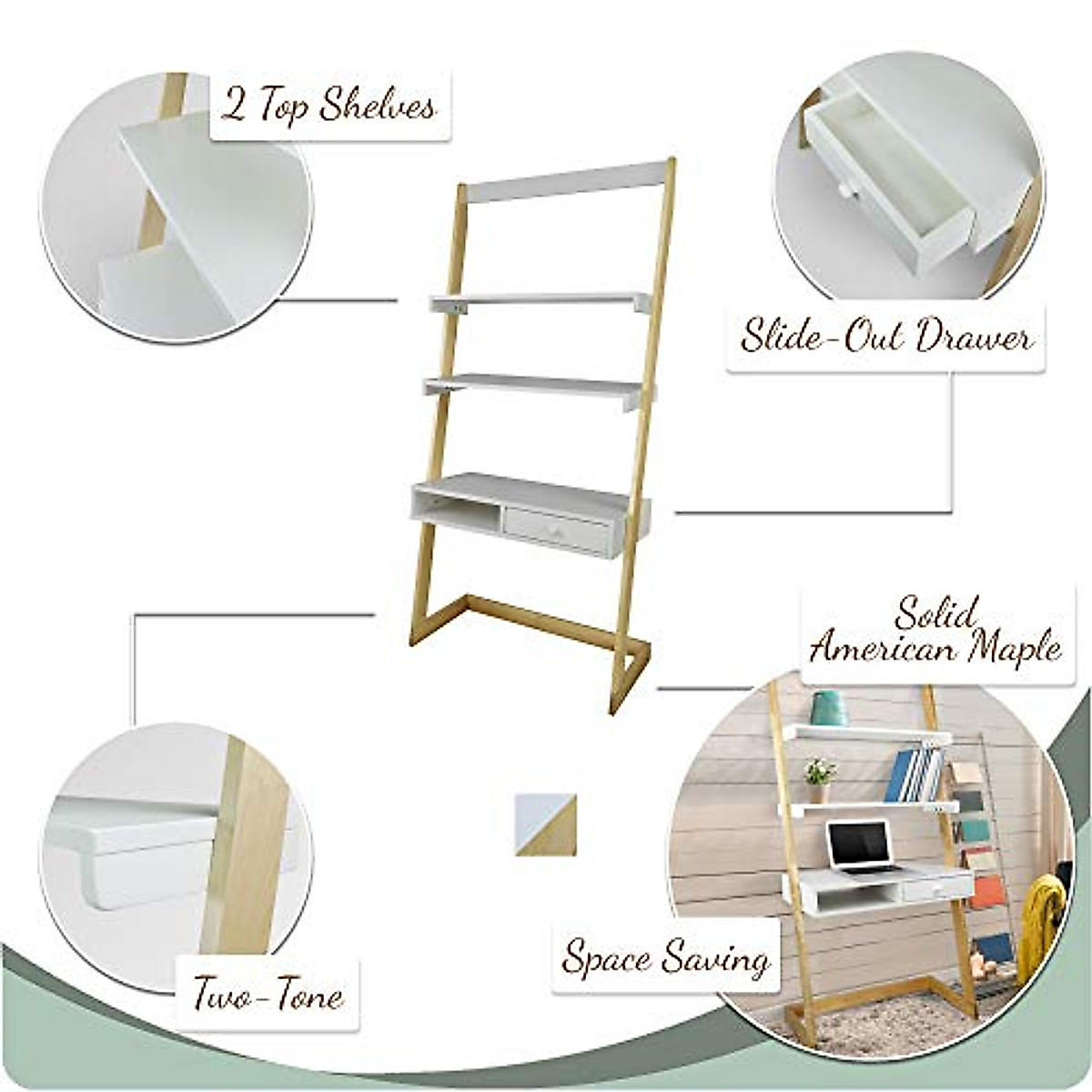 American Trails Freestanding Ladder Desk With Drawer, Natural Maple/White