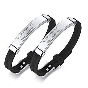 MEALGUET Pack of 2 Assorted Color Personalized Stainless Steel Soft Silicone Child Safety ID Bracelets Adjustable Anti-Lost ID Wristbands for Kid Girls Boys, Outdoor Sport Bracelet, Black