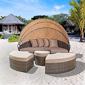 Omelaza Outdoor Round Daybed Sofas Patio Furniture with Retractable Canopy, Brown Wicker, 4 Pieces Seating Separates Cushioned Sectional Sofa, and 1 Round Center Table, for Lawn, Poolside, Garden