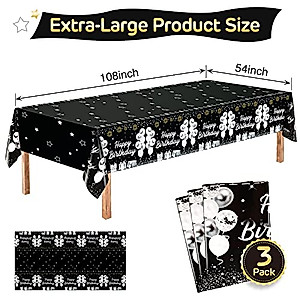 3 Pack Black and Silver Plastic Tablecloths for Rectangle Tables, Disposable Party Table Cloths, Black Silver Table Covers for Birthday Baby Shower Party Decorations Supplies Decorations, 54" x 108"