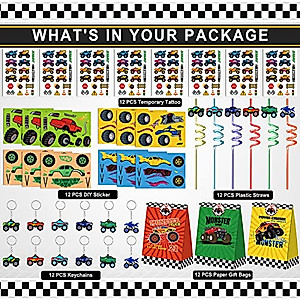 Monster Truck Party Favors Set 72 PCS Truck Theme Slap Bracelets Keychains Tattoo Stickers DIY Stickers Drinking Straws Party Gift Bags for Kids Boys Birthday Party Supplies