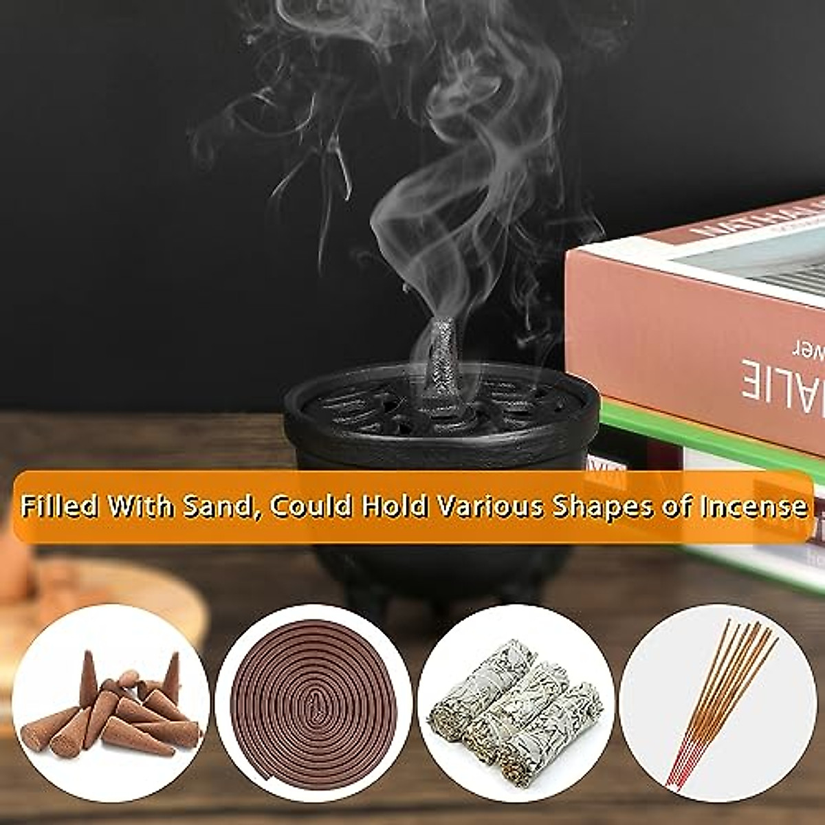 JUXYES Vintage Tripod Incense Burner Holder with Lid, Cast Iron Incense Holder Metal Cauldron Censer Antique Cone Coil Incense Burner Holder for Incense Resins, Cones or Wax Melts