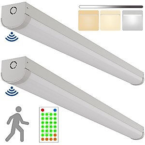 2 Pack 4FT Tri-Level Motion Sensor LED Linear Strip Stairwell Light with Remote 2 Watt CCT Selectable 20W/40W 2500lm/5000lm 3000K/4000K/5000K Dimmable 4 Foot Commercial Shop Ceiling Light Fixture, FCC