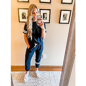 PRETTYGARDEN Women Summer Two Piece Outfits Striped Short Sleeve Pullover and Long Pants Tracksuit Travel Pajama Lounge Set (Black,XX-Large)