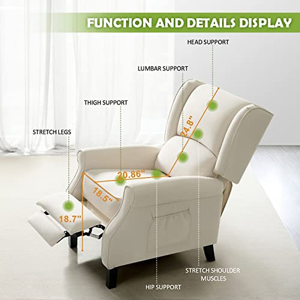 LEISLAND Wingback Recliner Chair with Massage and Heat, Tufted Fabric Arm Chair Sofa, Fabric Accent Chair for Reading, Living Room and Bedroom (Cream)