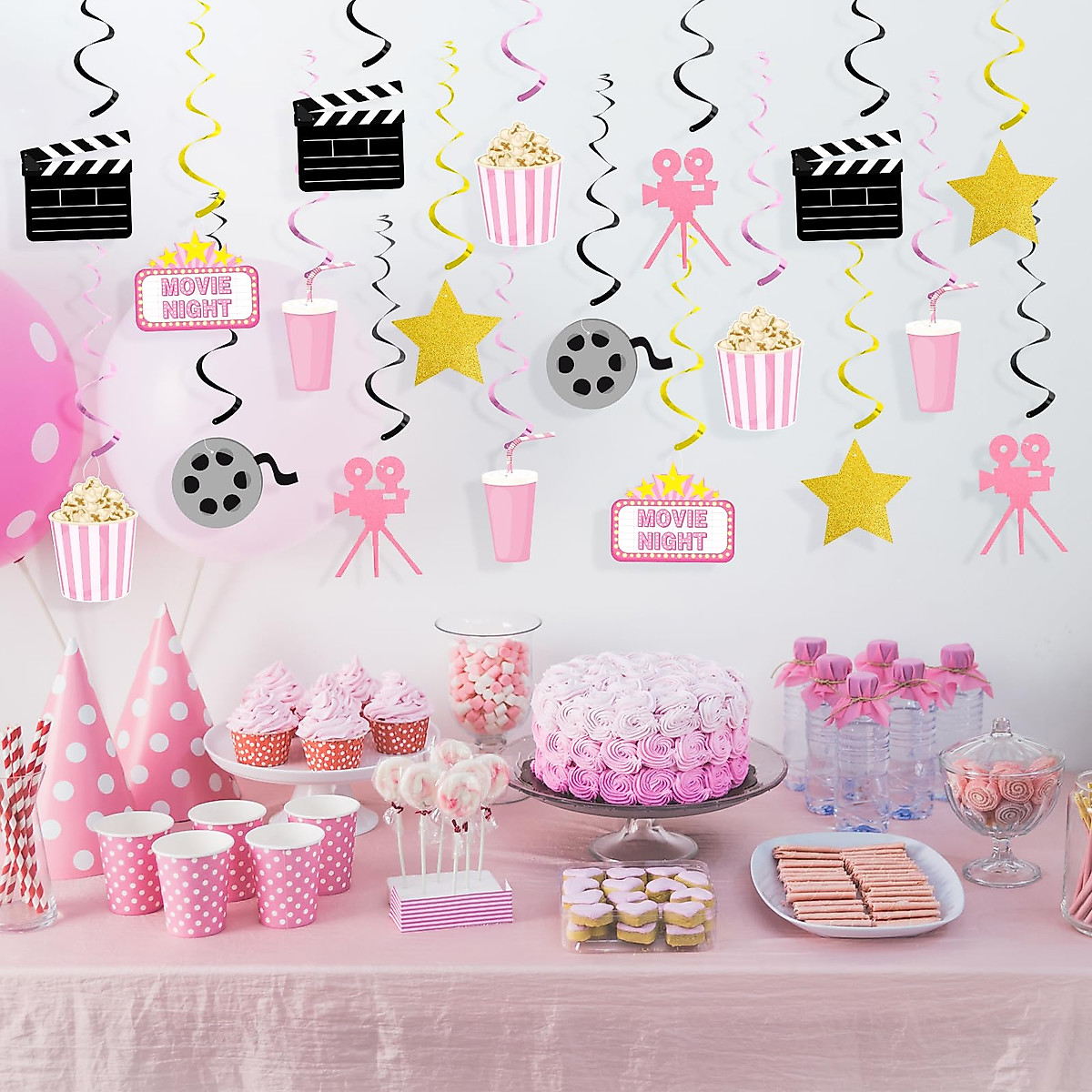 K KUMEED Movie Night Party Decorations,Pink Movie Theme Hanging Swirl Decorations,Cute Popcorn Foil Swirls Ceiling for Baby Shower Birthday Party Film Party Supplies Family Party Girls Boys