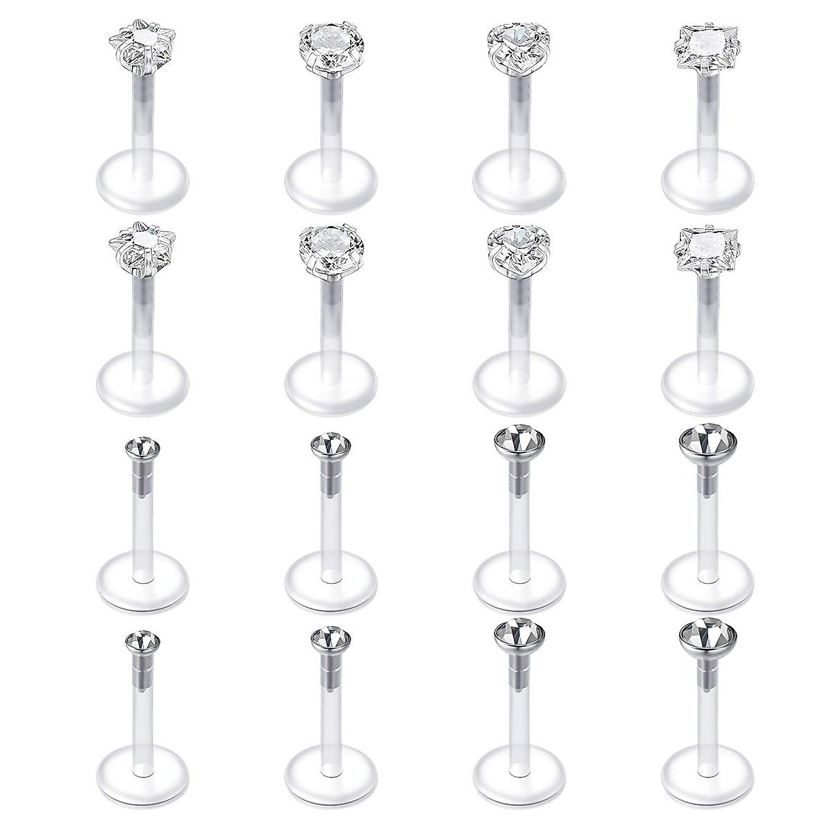 Mayhoop 16G 16Pcs Tragus Earrings Lip Rings Labret Studs Jeweled Cartilage Helix Earrings Flexible Clear Bar Medusa Piercing Retainer 6mm 8mm for Women Men