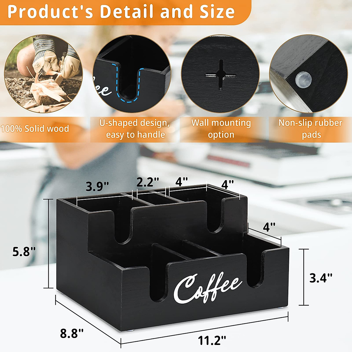 Disposable Coffee Cup Dispenser Lid Holder for Counter, Wood 6 Compartments Coffee Station Organizer for Cup Lid Sleeve Pods Condiment, Paper Cup Dispenser Coffee Bar Accessories Storage Organizer