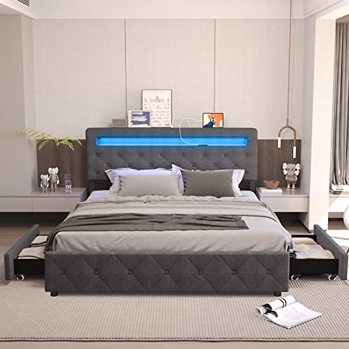 HOMFAMILIA Queen Bed Frame with Headboard and Drawers, LED Bed Frame with Adjustable Storage & LED Lights Headboard, Upholstered Platform Bed with 2 USB Ports, No Box Spring Needed, Dark Grey