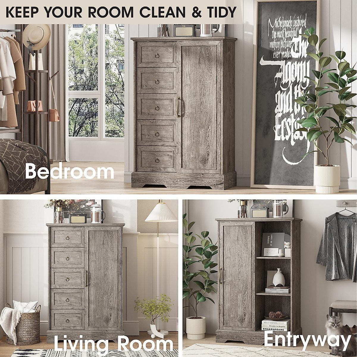 Vabches Farmhouse Dresser Storage Cabinet Chest of Drawer for Bedroom, 5 Drawer Dresser with Sliding Barn Door, 48" Tall Wood Rustic Dresser for Bedroom, Living Room, Entryway, Hallway, Washed Grey