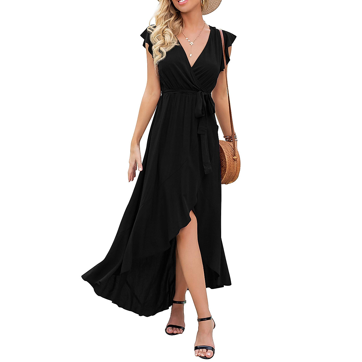 GRECERELLE Women's Summer Casual Cross V Neck Dress Bohemian Flowy Long Maxi Dress Black-Medium