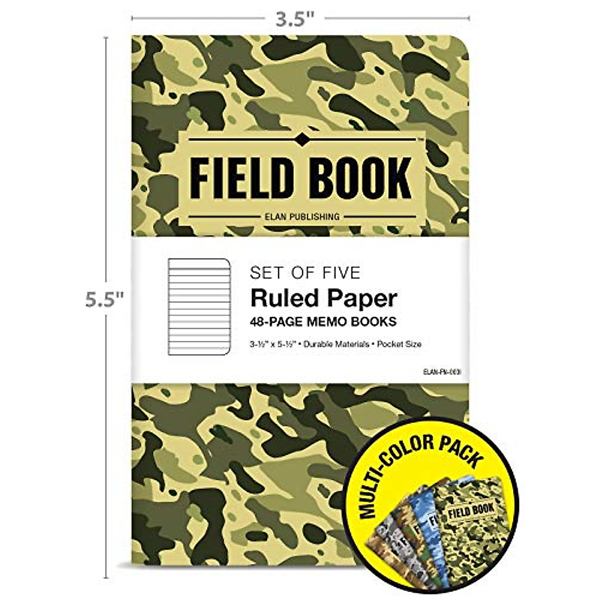 Field Notebook/Pocket Journal - 3.5"x5.5" - Camouflage - Lined Memo Book - Pack of 5