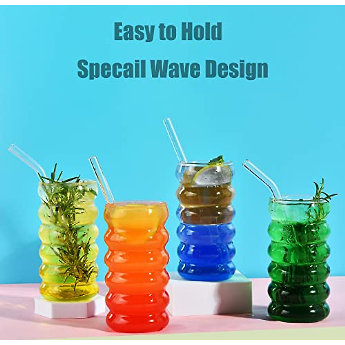 ALINK Ribbed Drinking Glass Cups with Straws Set of 4, 16 oz Aesthetic Iced Coffee Glasses, Wave Bubble Glasses Tumbler, Ripple Glassware, Beer Glasses for Coctail, Milk, Soda, Gift with Brush