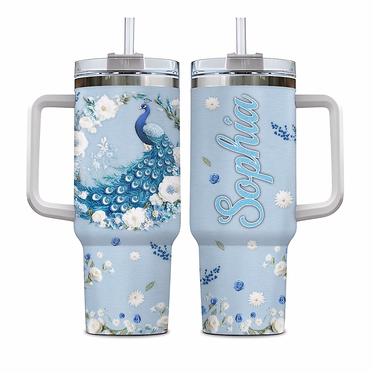 Hyturtle Personalized Floral Peacock 2D Print Tumbler - Peacock Gifts For Women - Animal Present For Peafowls Lover Her - Mothers Day Present For Mom - Custom Travel Coffee Cup 40 oz With Lid Straw