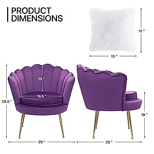 MoNiBloom Upholstered Velvet Accent Chair Elegant Mid-Century Modern Purple Shell Chair w/Cushion and Golden Legs, Retro Leisure Tufted Flower Arm Chair for Living Room Bedroom Reading Areas