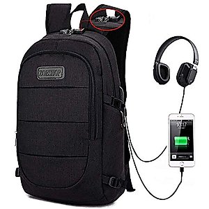Travel Laptop Backpack,Anti Theft College School Bookbag with USB Charging Port & Headphone Interface for Women Men,Business Water Proof Computer Bag Fits Under 15.6 Inches Laptops（Black）