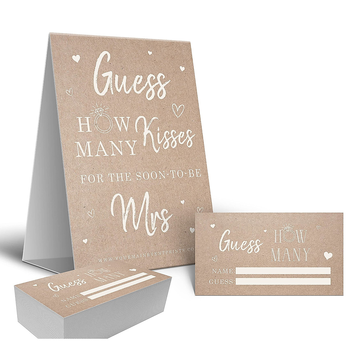 Your Main Event Prints Bridal Shower Games – Kraft Minimalist Style (How Many Kisses Game), Includes 1 5x7 Stand and 50 Guessing Cards