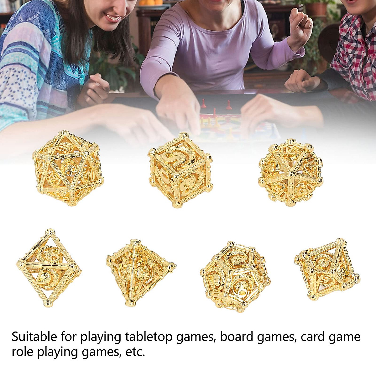 7pcs Dice Set, Hollow Out Exquisite Carved Keep Balance Copper Polyhedral Dice Set for Board Games