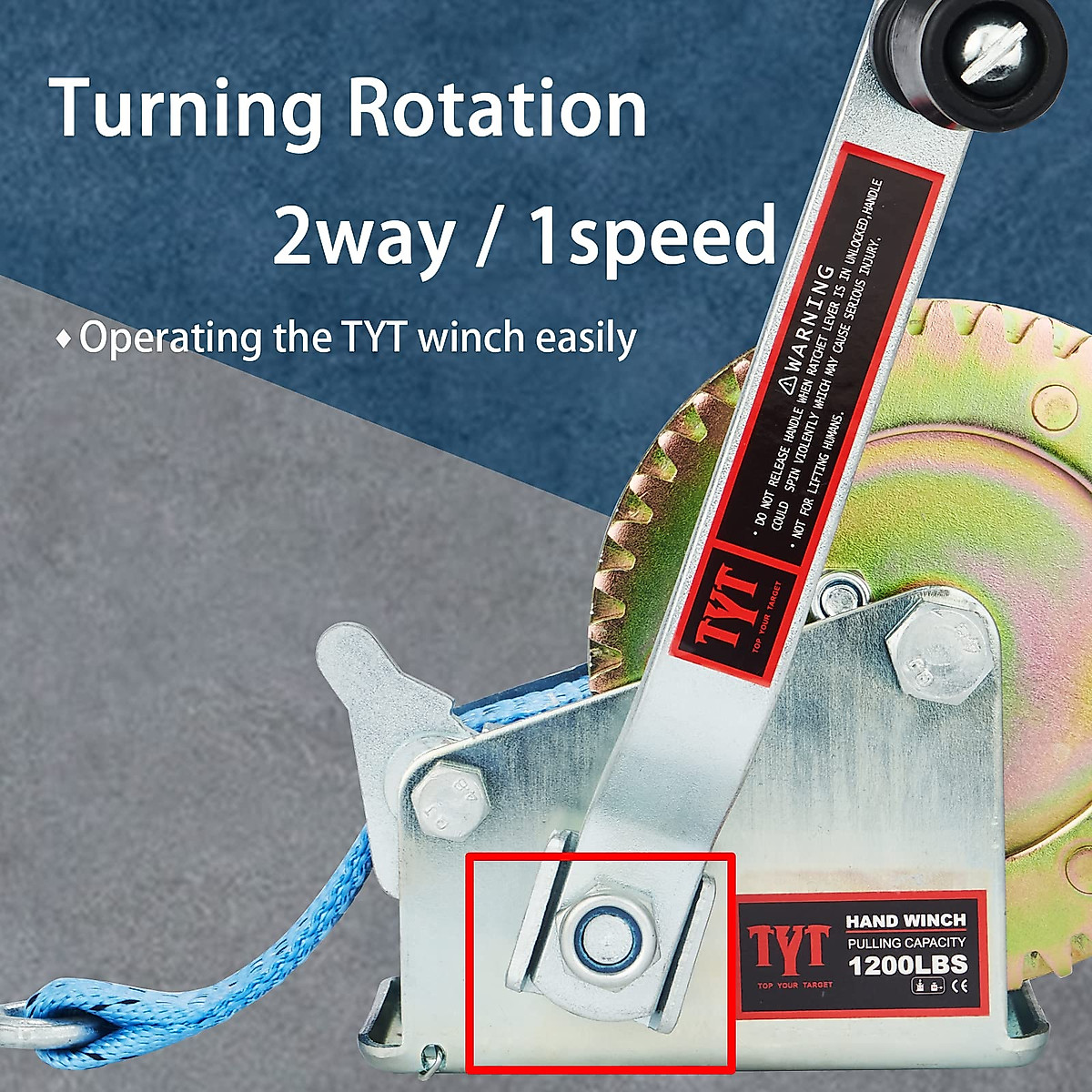 TYT 1200LB Boat Trailer Winch Strap Winch with Blue 26FT Rope, Hand Crank Winch with Hook, High Carbon Steel Dual Ratchet Gear Manual Winch for Towing Pulley Boat Trailer Truck RV Jet Ski Marine Winch