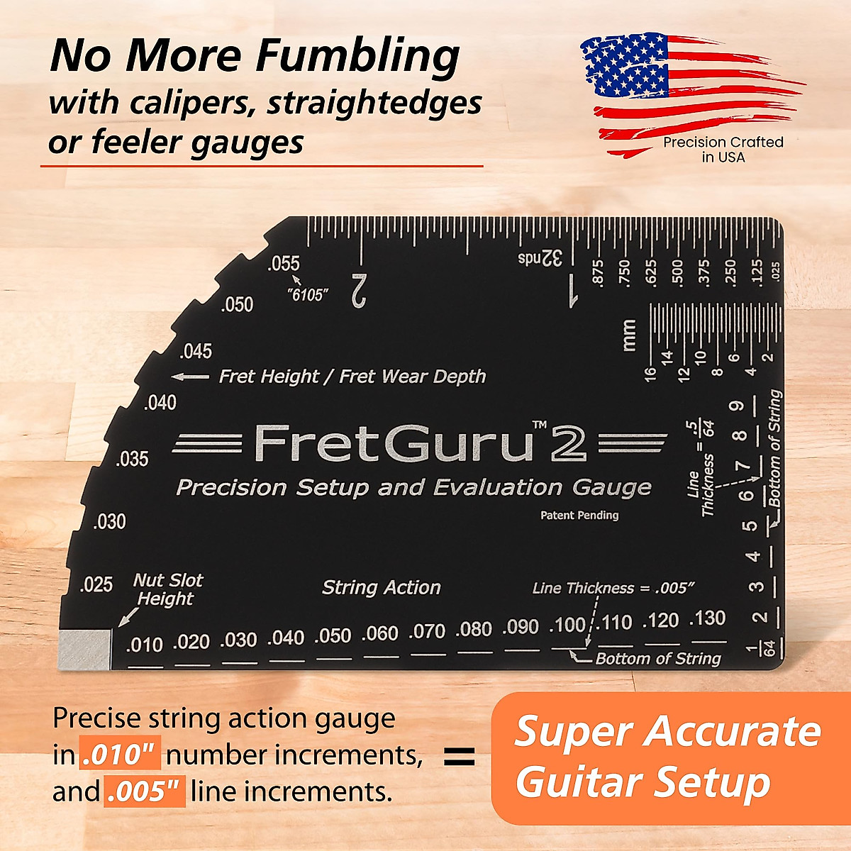 FretGuru 8-in-1 String Action Gauge Guitar Fret Ruler Precision Fret Rocker - Precise CNC Machined, Diamond Honed, Polished Edge Guitar String Height Gauge - Luthier Tool with Thick Leather Case