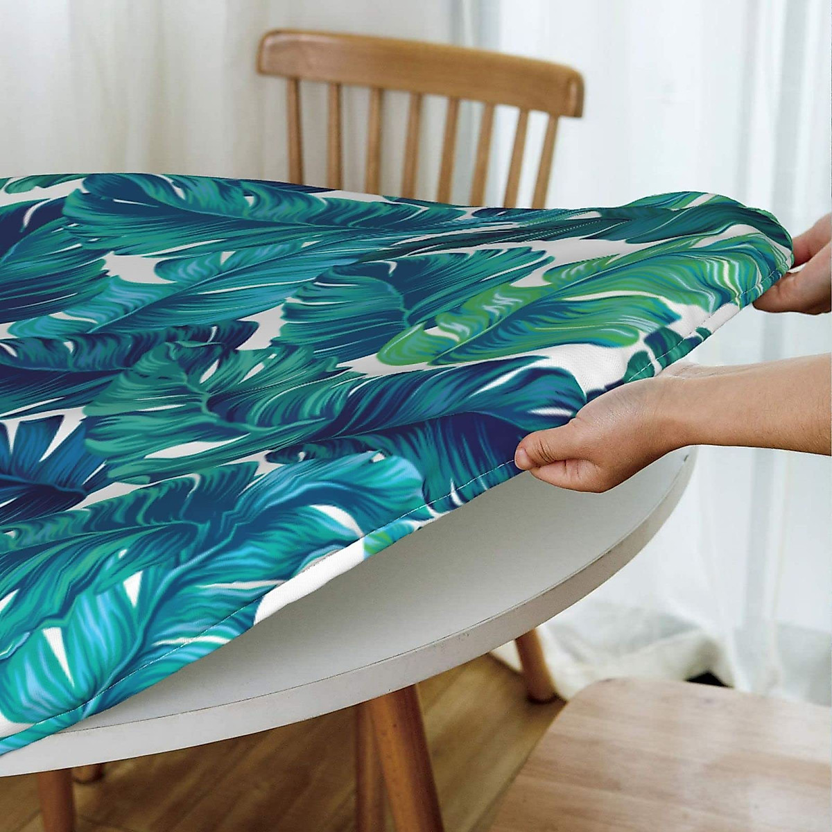 KUOAICY Tropical Palm Leaves Round Tablecloth Elastic Fitted Table Cover Washable Reusable Elastic Edge Tablecloths for Kitchen Dining Party Fitted Table 45-50 inch