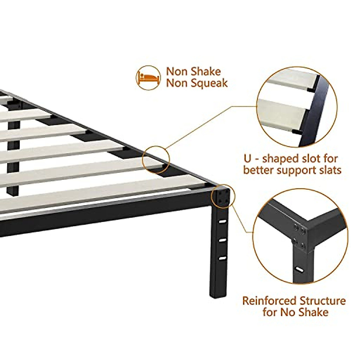 ZIYOO Queen Bed Frame, 16 Inch Heavy Duty Metal Platform with Wooden Slats Support, No Box Spring Needed, Queen Mattress Foundation, Noise Free, Non-Slip, Easy Assembly
