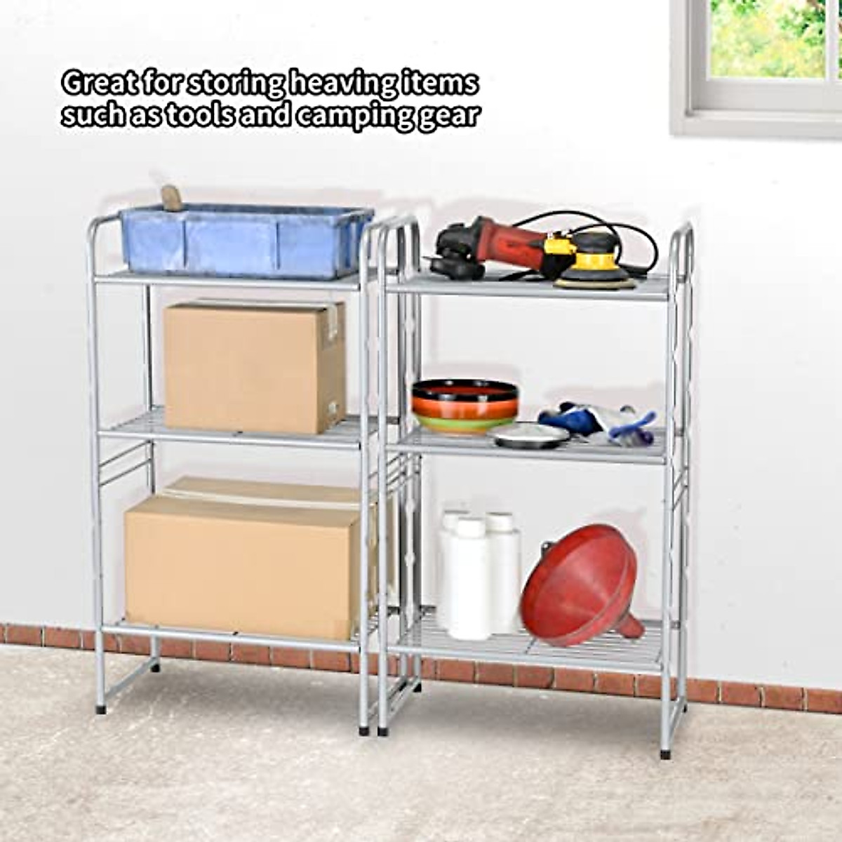 GEORIS 3-Tier Heavy Duty Wire Shelving Unit Storage Rack, Stackable Extendable Plant Stand Organizer with Adjustable Shelf, Water Bottle Storage Holder, Silver