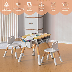 Kids Table and Chair Set, Kids Table and 2Chair Set, Kids Study Table and Chairs Set, Adjustable Height, Built-in Storage, Modern Design for Kids Arts & Crafts, Homework & Play