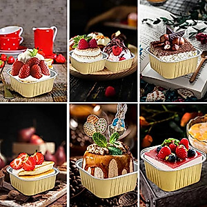 50 Pcs Mini Square Baking Cups with Lids,5oz Aluminum Foil Mini Cake Pans with Lids,Disposable Ramekins Cake Pans,150ml Dessert Cups Cupcake Pans for Wedding Birthday Party,Gold