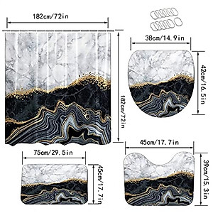 4Pcs Black Shower Curtain Set,Gold Marble Bathroom Sets with Shower Curtain and Rugs and Accessories,Bathroom Curtain with Non-Slip Rugs, Toilet Lid Cover and 12 Hooks,72x72inch