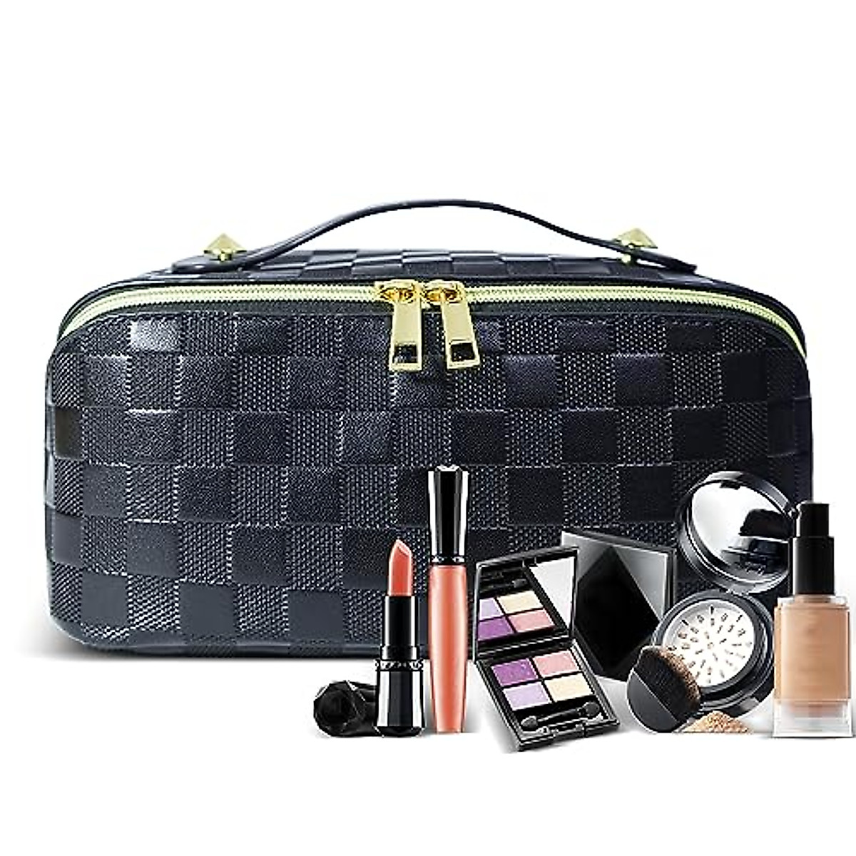 vhivhias Portable Checkered Makeup Bag Large Capacity Portable Travel Cosmetic Bag Opens Flat PU Leather Waterproof Black