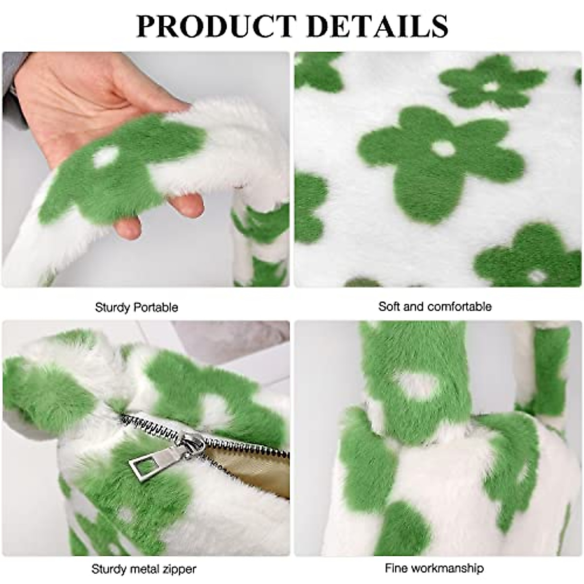 KPX Fuzzy Tote Bag Y2K Fluffy Shoulder Bag Women Furry Purse Large Cute Plush Bag Ladies Faux Fur Bag for Autumn and Winter (Green Flower)