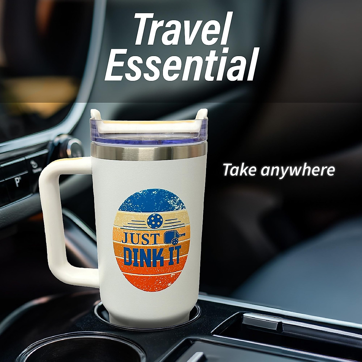 ReLIVE Pickleball Insulated 40oz Stainless Steel Tumbler Cup with Lid, Straw, and Handle, Drink, Tea, and Coffee Travel Mug - White