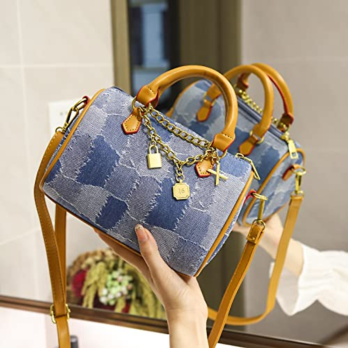 Mini Small Denim Purse Jean Purse Boston Barrel Bags Quilted Checkered Purse Top Handle Canvas Tote Bag Crossbody bags Satchel Handbag for Women,Blue