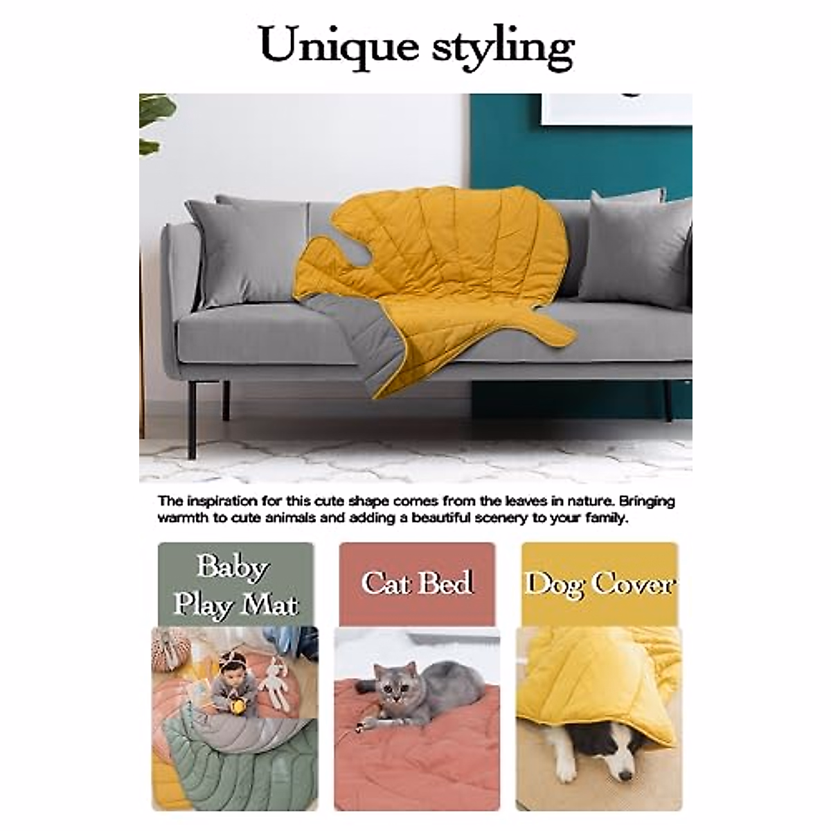 TOPTREE Dog Blanket Decor 3D Leaves Shaped Pet Blanket Cushion Household Dog Bed Cat Bed Pet Blanket Warm Soft Plush Blankets for Dog Blankets and Cat Blanket, Couch, Sofa (50"x45",Yellow)