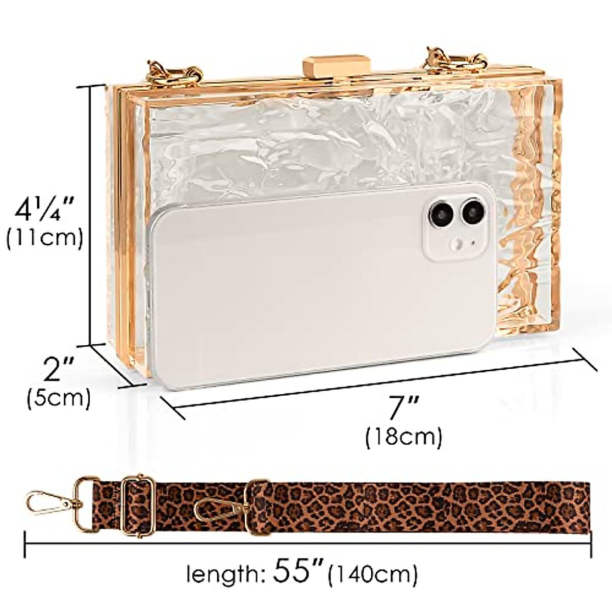 DODAMOUR Transparent Acrylic Shoulder Bag, Clear Crossbody Clutch Purse, Women Evening Clutch Bag (Leopard print chain)