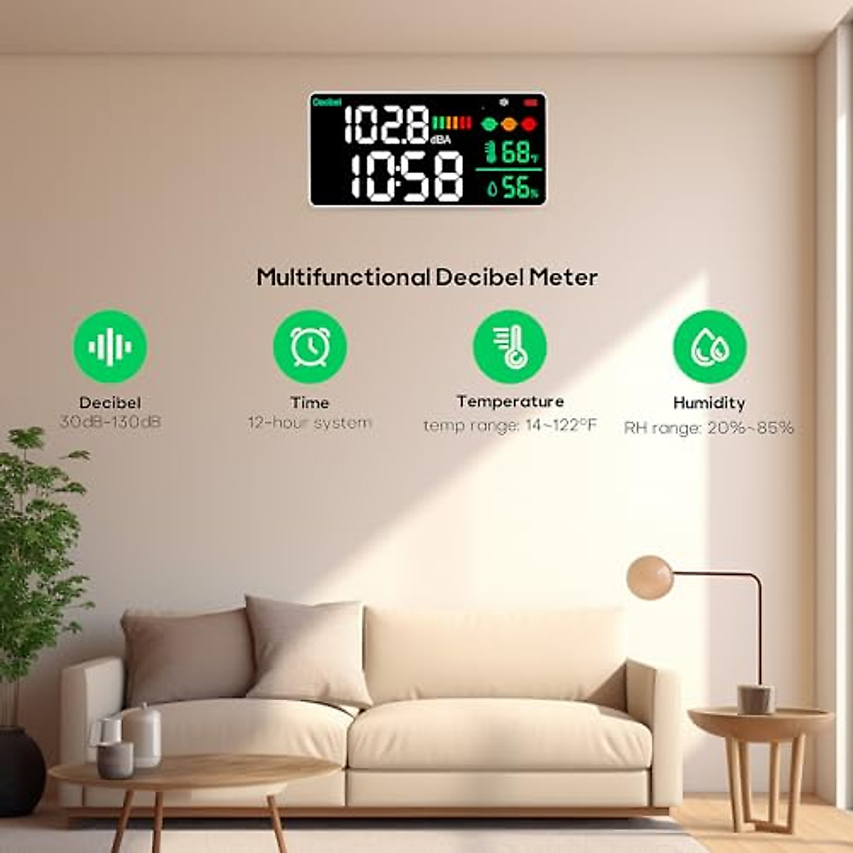 5-in-1 Decibel Meter Wall Hanging Sound Level Meter 30-130dB Range 11 Inch Large LED Display Noise & Time & Temperature & Humidity Meter Wide Applications for Home, Studio, Factory, Classroom