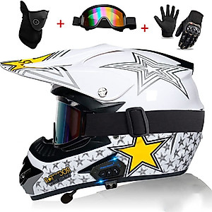 Motocross Bluetooth Helmet Set, DOT Approved Youth Kids Dirt Bike Helmet with Gloves Goggles Mask, Off-Road Mountain Motorcycles ATV MTB Four Wheeler Racing Protective Helmet for Men Women-F-S