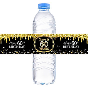 WOWOPA 32Pcs Cheers to 60 Years Water Bottle Labels, Happy 60th Birthday Labels Stickers for Women and Men Birthday Party Decorations - Black