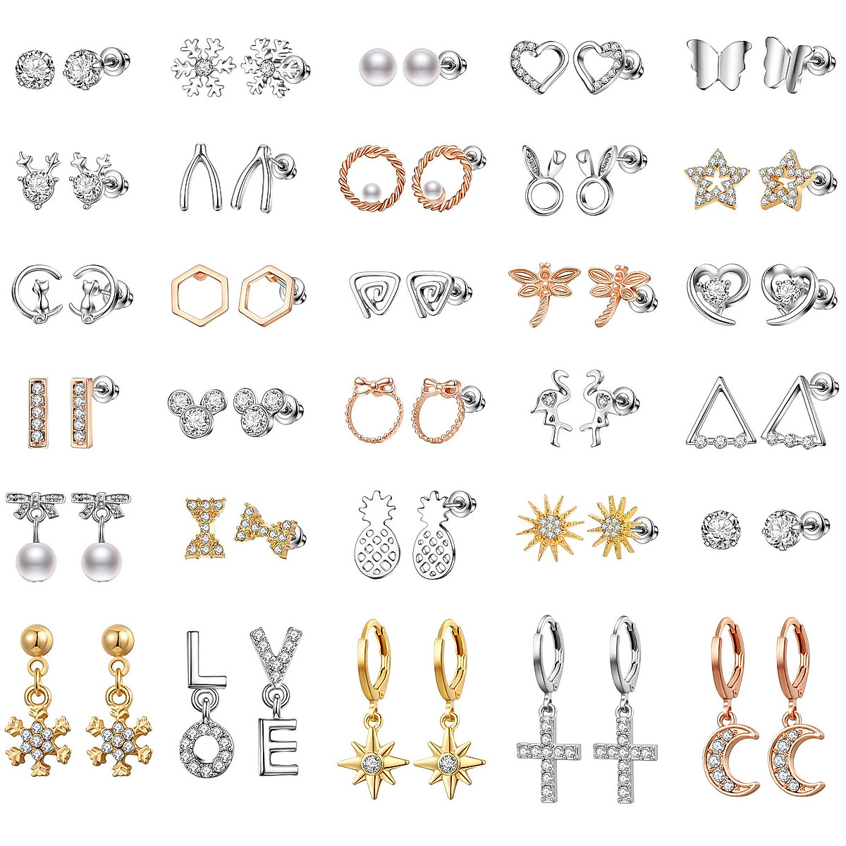 Aganippe 30 Pairs Assorted Stainless Steel Stud Earrings Set for Women Men Hypoallergenic Animal Faux Pearl Sun Moon Crystal Geometric Heart Ear Stud Jewelry